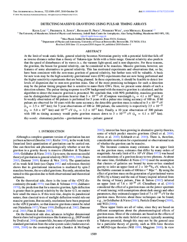 Pdf Detecting Massive Gravitons Using Pulsar Timing Arrays Fredrick Jenet