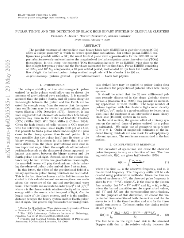 (PDF) Pulsar Timing and the Detection of Black Hole Binary Systems in Globular Clusters