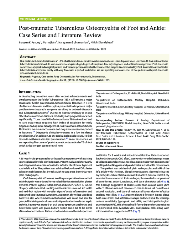 (PDF) Post-traumatic Tuberculous Osteomyelitis of Foot and Ankle: Case ...
