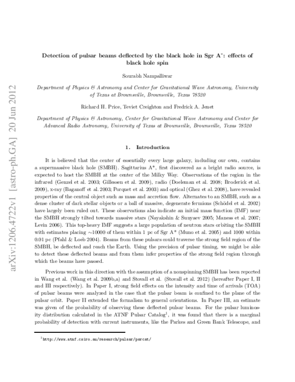 (PDF) Detection of Pulsar Beams Deflected by the Black Hole in SGR A*: Effects of Black Hole Spin