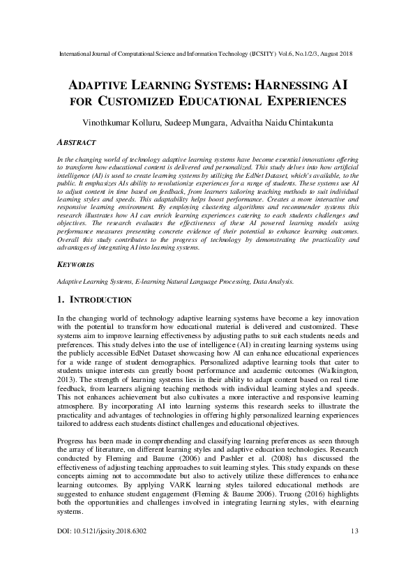 (PDF) Adaptive Learning Systems: Harnessing AI for Customized Educational Experiences