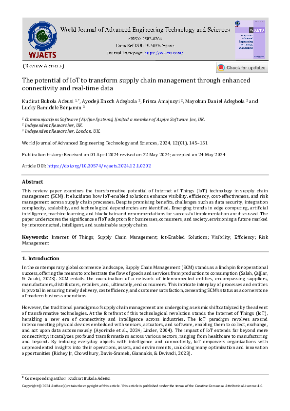 (PDF) The potential of IoT to transform supply chain management through enhanced connectivity ...