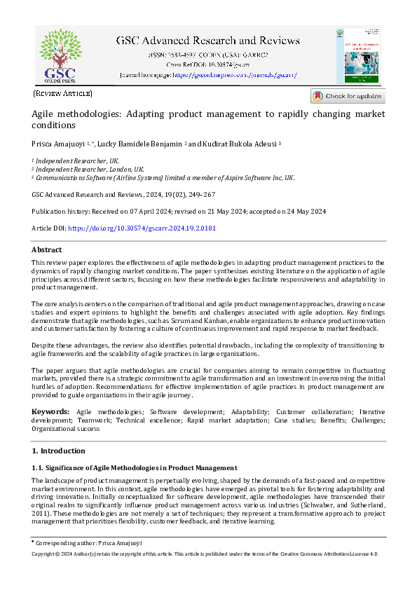 (PDF) Agile methodologies: Adapting product management to rapidly changing market conditions
