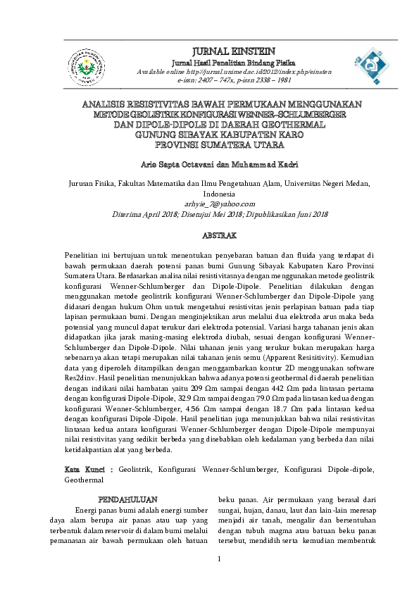 (PDF) Analisis Resistivitas Bawah Permukaan Menggunakan Metode Geolistrik Konfigurasi Wenner ...