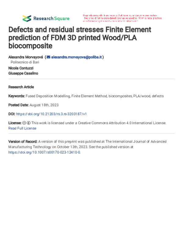 (PDF) Defects and residual stresses Finite Element prediction of FDM 3D printed Wood/PLA ...