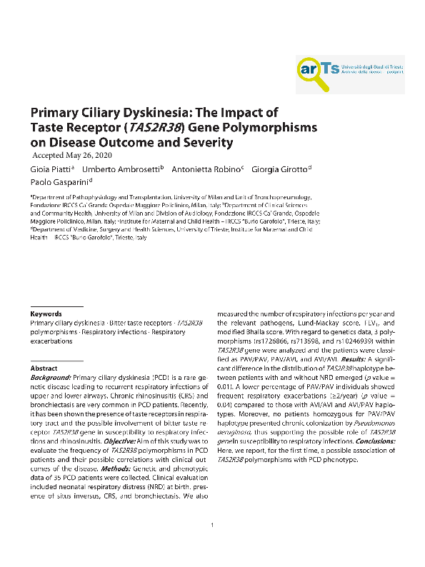 (PDF) Primary Ciliary Dyskinesia: The Impact of Taste Receptor (TAS2R38 ...