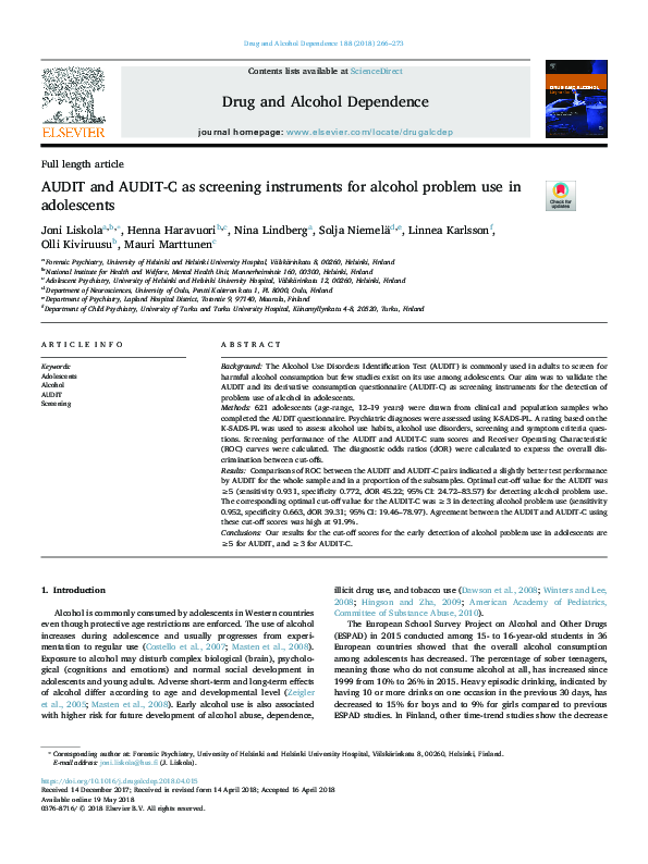 (PDF) AUDIT and AUDIT-C as screening instruments for alcohol problem ...