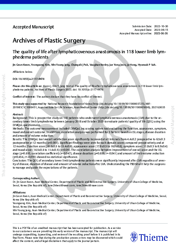 (PDF) The quality of life after lymphaticovenous anastomosis in 118 lower limb lymphedema ...
