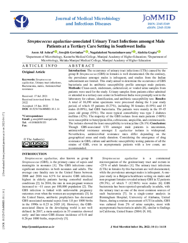 (PDF) Streptococcus agalactiae-associated Urinary Tract Infections amongst Male Patients at a ...