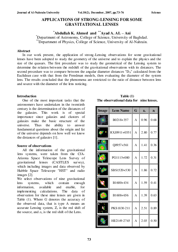 (PDF) Applications of Strong-Lensing for Some Gravitational Lenses | Dr. Ayad A. Ani - Academia.edu