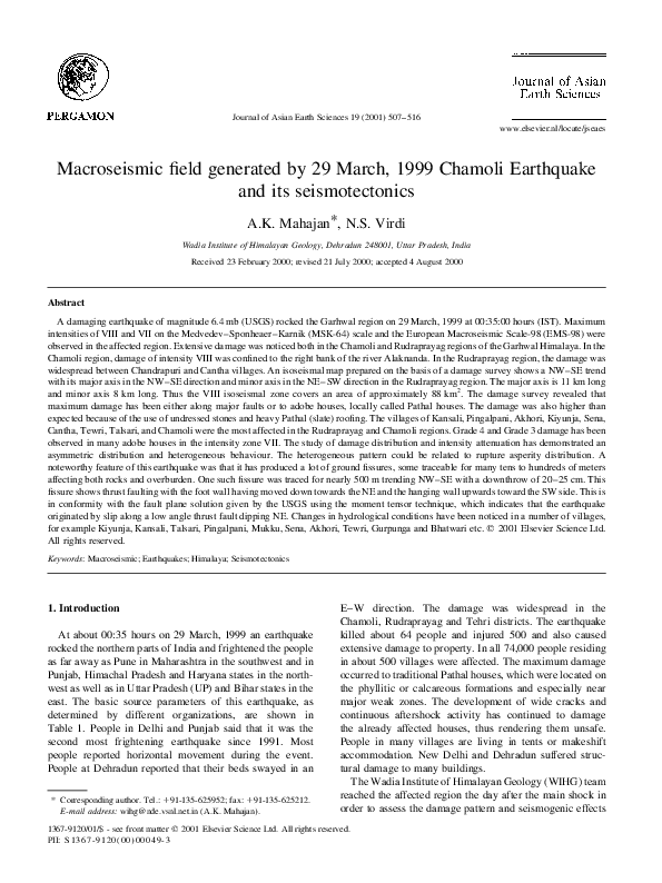 (PDF) Macroseismic field generated by 29 March, 1999 Chamoli Earthquake and its seismotectonics ...