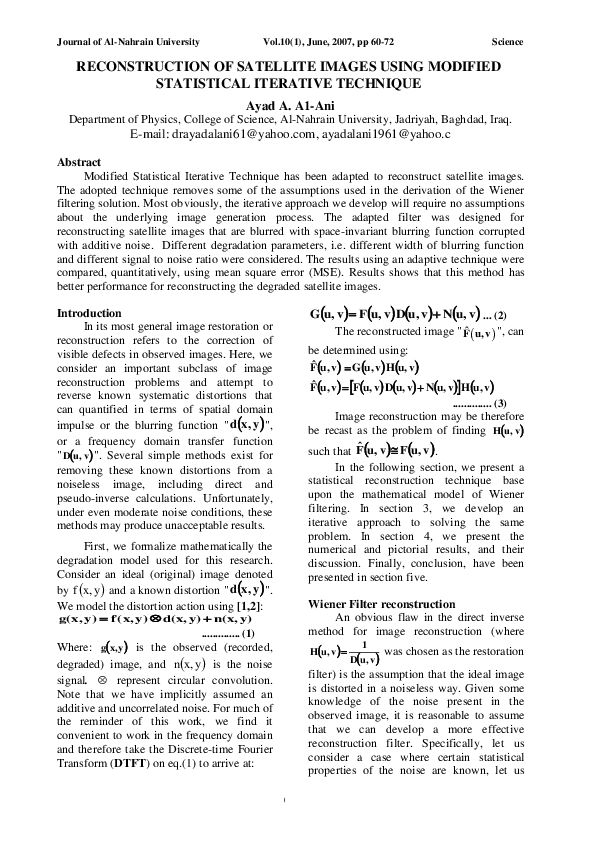 Pdf Reconstruction Of Satellite Images Using Modified Statistical Iterative Technique