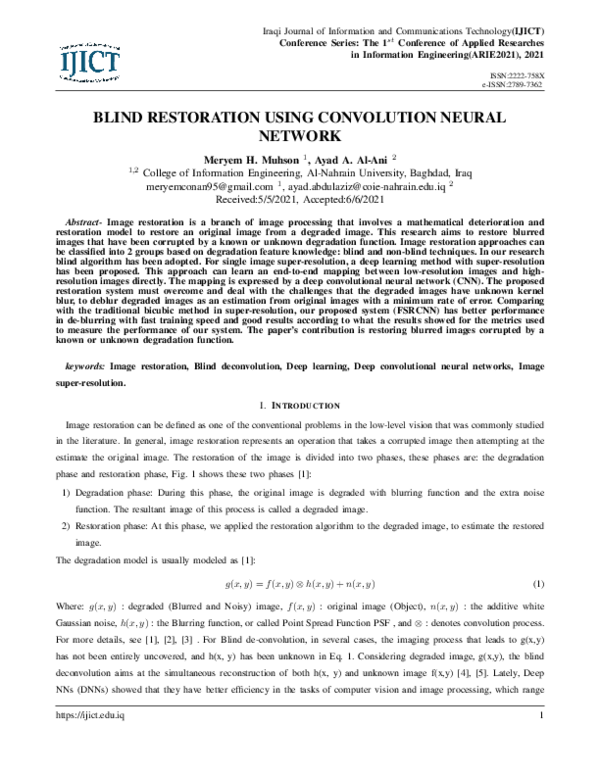 (PDF) Blind Restoration Using Convolution Neural Network