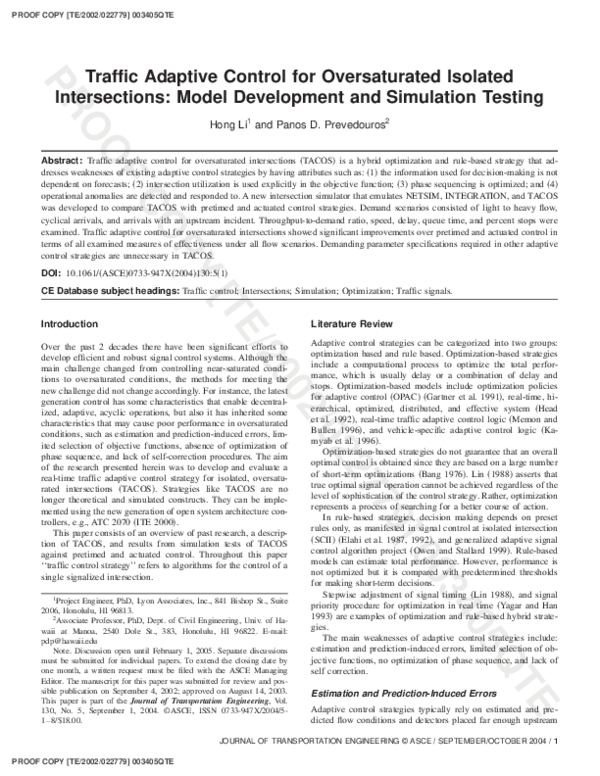 (PDF) Traffic Adaptive Control for Over-Saturated Isolated Intersections