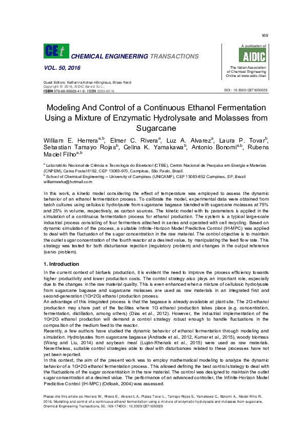 (PDF) Modelling and Control of a Continuous Ethanol Fermentation Using ...