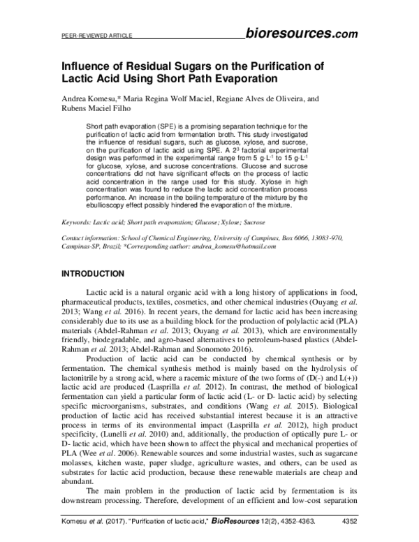 (PDF) Influence of Residual Sugars on the Purification of Lactic Acid Using Short Path Evaporation