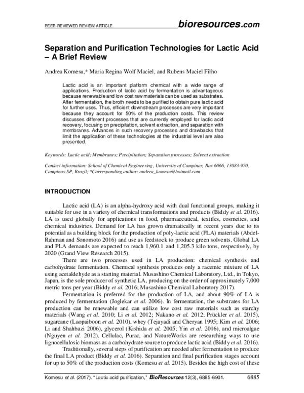 (PDF) Separation and Purification Technologies for Lactic Acid – A Brief Review