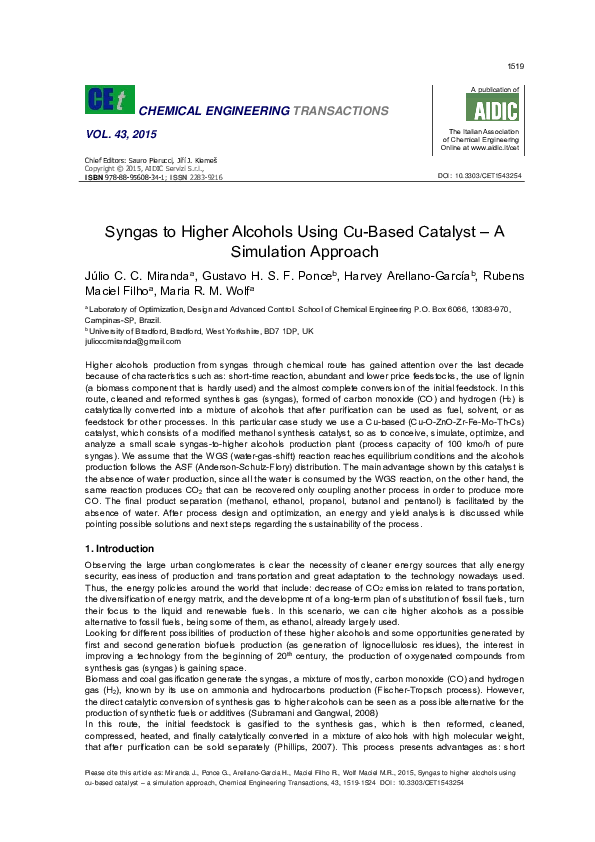 (PDF) Syngas to higher alcohols using Cu-based catalyst - a simulation ...