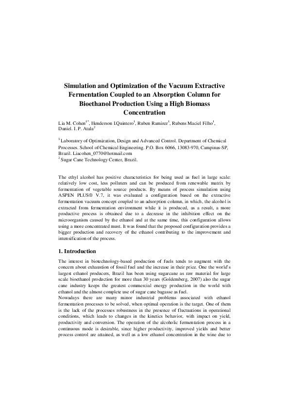 (PDF) Simulation and Optimization of the Vacuum Extractive Fermentation Coupled to an Absorption ...