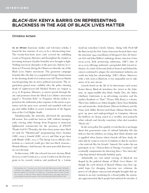 (PDF) Black-ish : Kenya Barris on Representing Blackness in the Age of Black Lives Matter