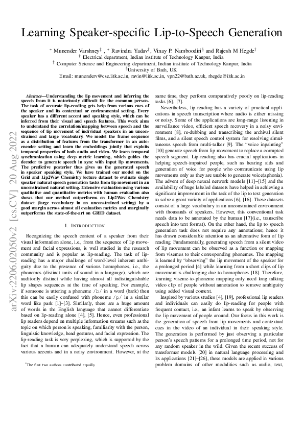 (PDF) Learning Speaker-specific Lip-to-Speech Generation