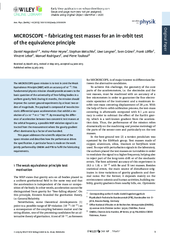 (PDF) MICROSCOPE - fabricating test masses for an in-orbit test of the ...