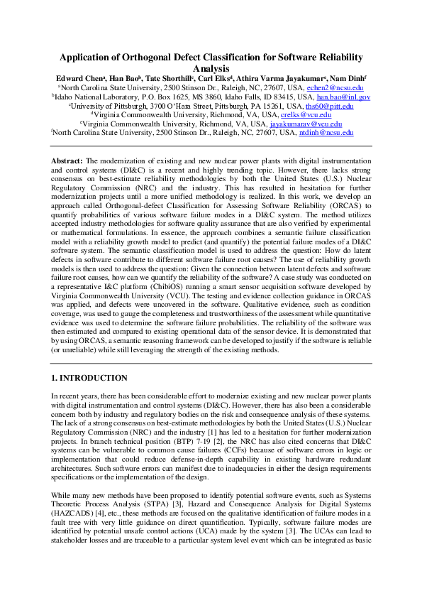 (PDF) Application of Orthogonal Defect Classification for Software Reliability Analysis