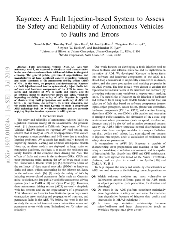 Pdf Kayotee A Fault Injection Based System To Assess The Safety And Reliability Of Autonomous