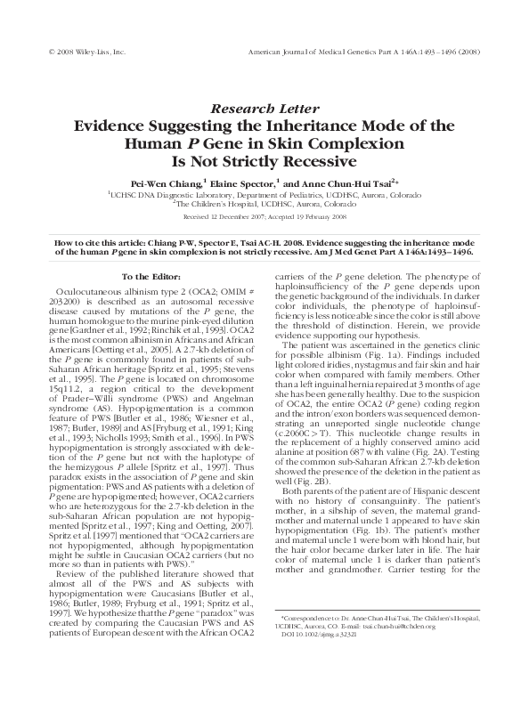 (PDF) Evidence suggesting the inheritance mode of the human P gene in ...