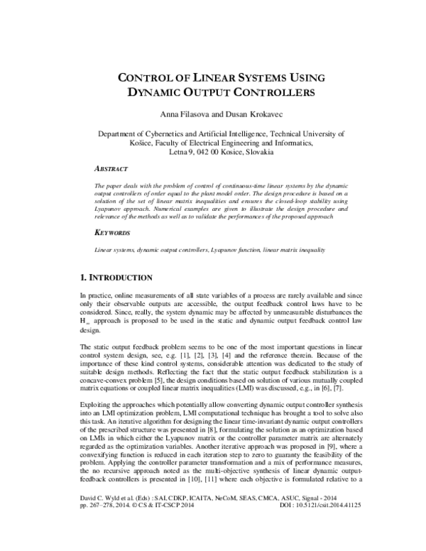 Pdf Control Of Linear Systems Using Dynamic Output Controllers