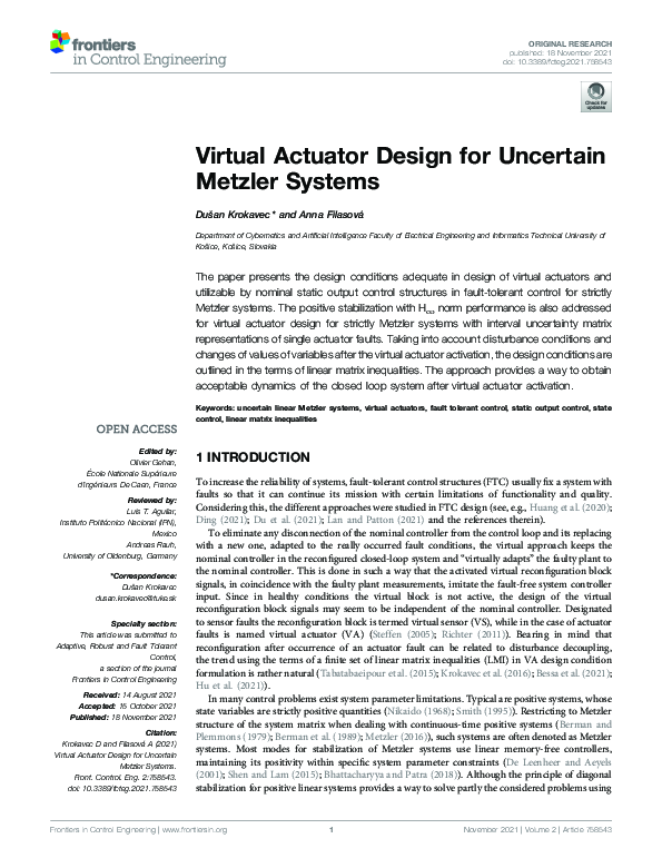 (PDF) Virtual Actuator Design for Uncertain Metzler Systems