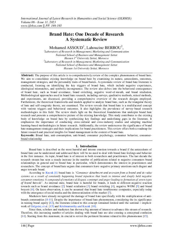 (PDF) Brand Hate: One Decade of Research A Systematic Review