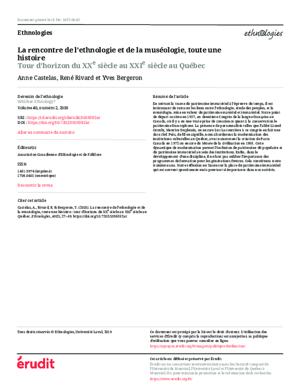 (PDF) La rencontre de l’ethnologie et de la muséologie, toute une histoire | Yves Bergeron ...