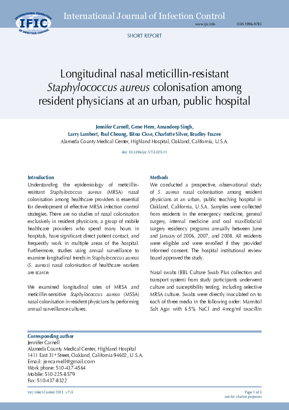 (PDF) Longitudinal nasal meticillin-resistant Staphylococcus aureus colonization among resident ...