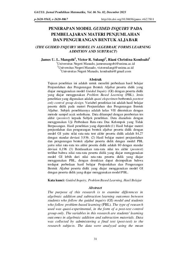 (PDF) Penerapan Model Guided Inquiry pada Pembelajaran Materi Penjumlahan dan Pengurangan Bentuk ...