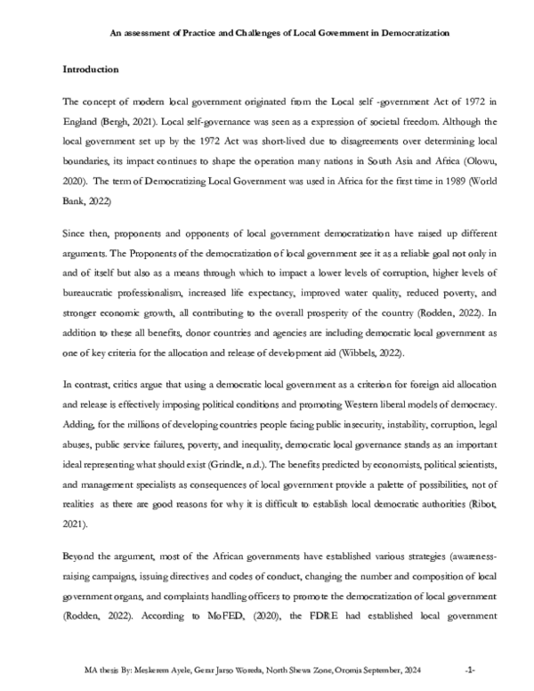 (PDF) An assessment of Practice and Challenges of Local Government in ...