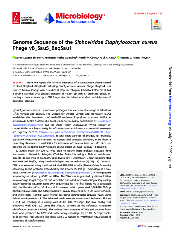 (PDF) Genome Sequence of the Siphoviridae Staphylococcus aureus Phage vB_SauS_BaqSau1