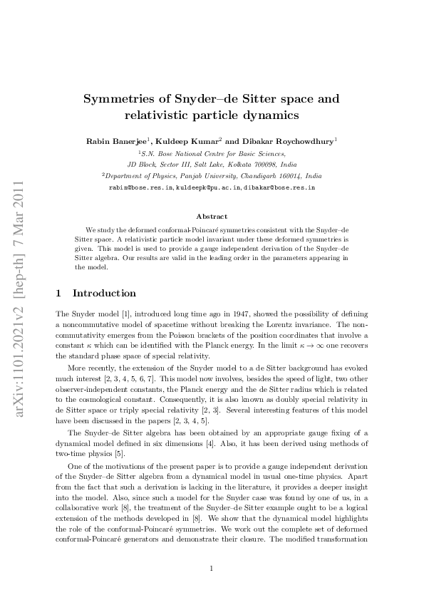 (PDF) Symmetries of Snyder-de Sitter space and relativistic particle dynamics