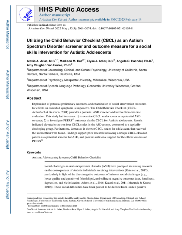 (PDF) Utilizing the Child Behavior Checklist (CBCL) as an Autism ...