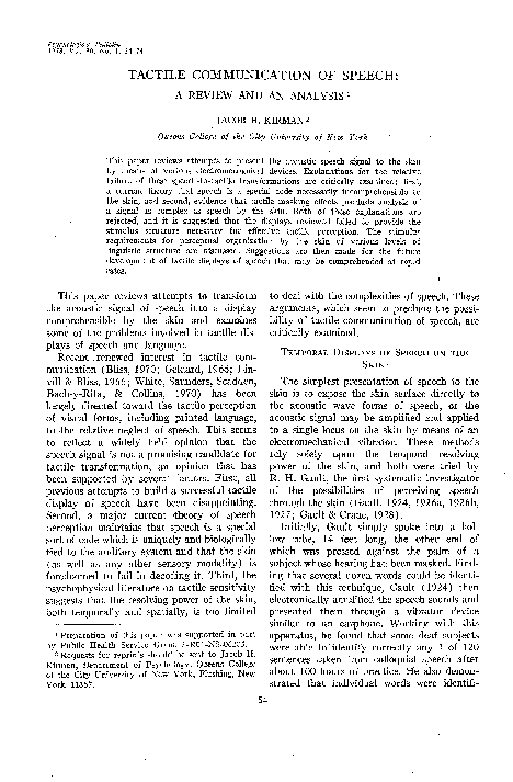 (PDF) Tactile communication of speech: A review and an analysis