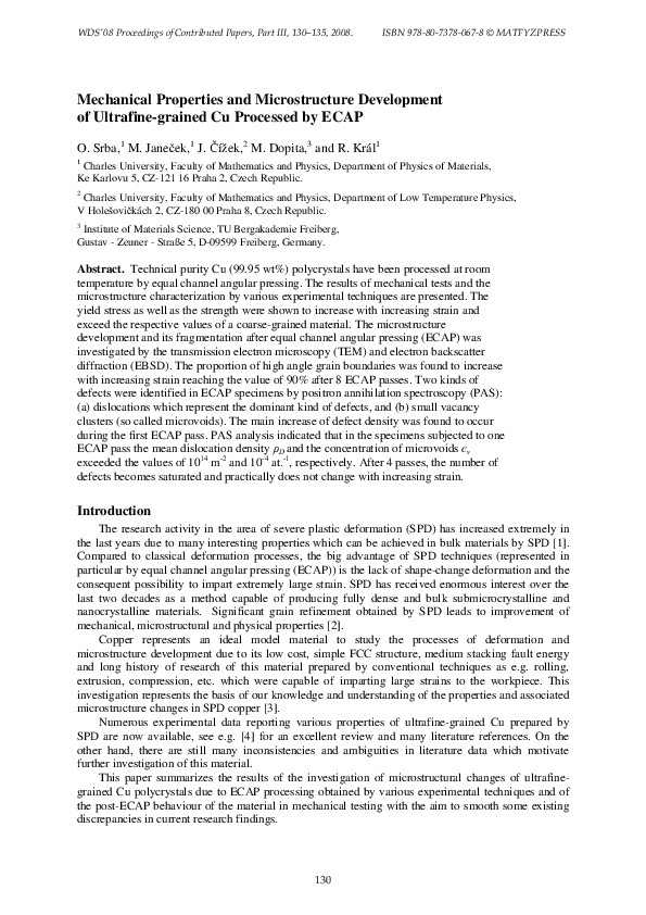 (PDF) Mechanical Properties and Microstructure Development of Ultrafine-Grained Cu Processed by ECAP