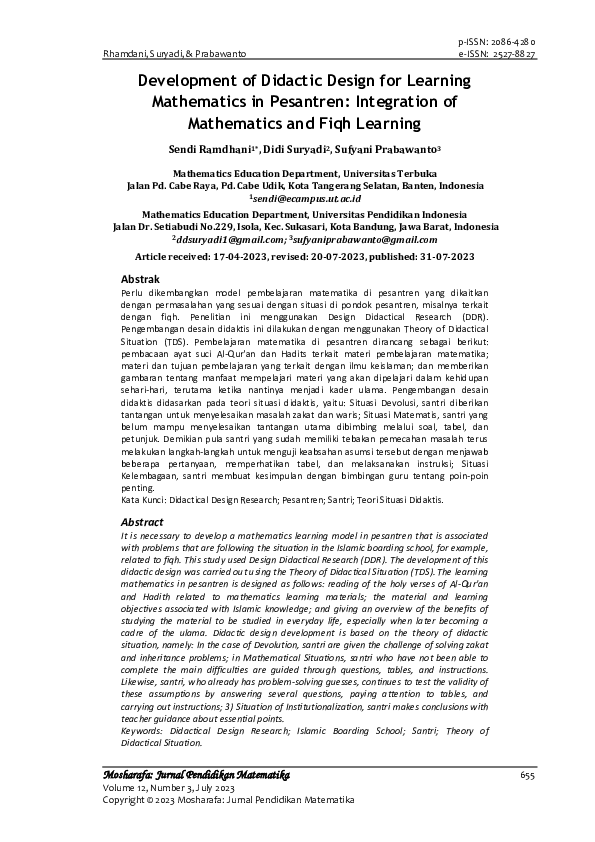 (PDF) Development of Didactic Design for Learning Mathematics in Pesantren: Integration of ...