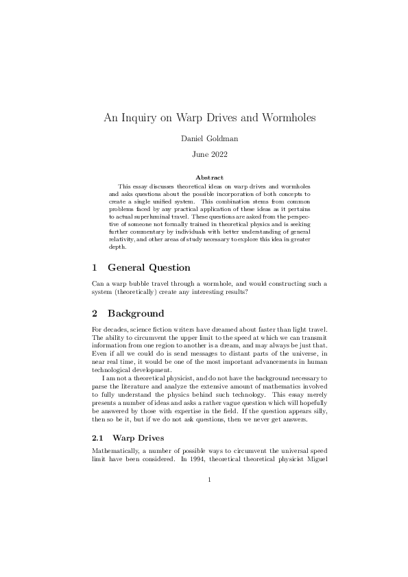 (PDF) An Inquiry on Warp Drives and Wormholes