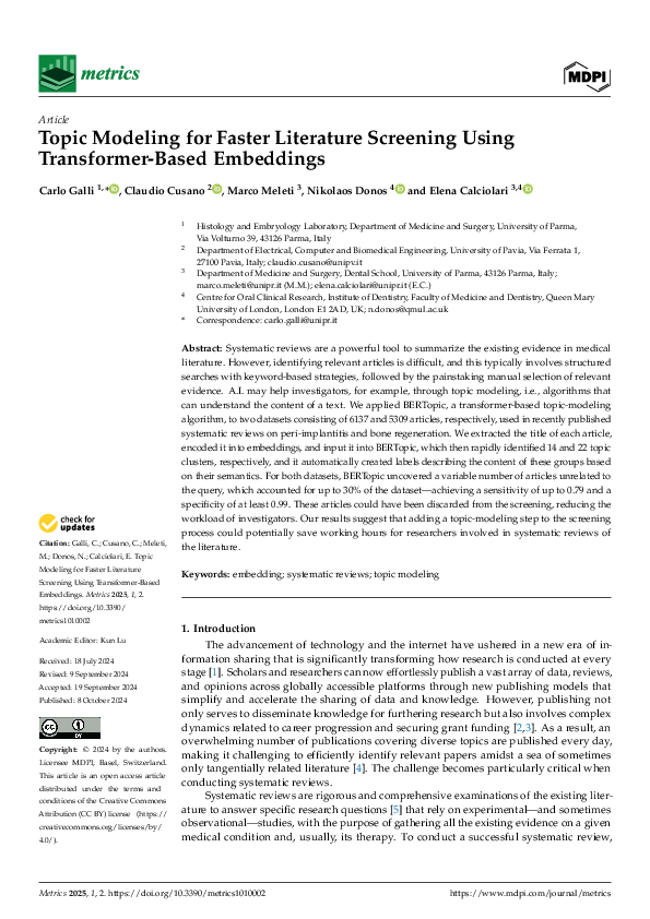 (PDF) Topic Modeling for Faster Literature Screening Using Transformer-Based Embeddings