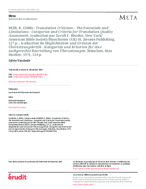 (PDF) REIß, K. (2000) : Translation Criticism – The Potentials and ...