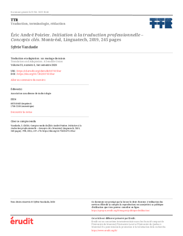 (PDF) Éric André Poirier. Initiation à la traduction professionnelle – Concepts clés. Montréal ...