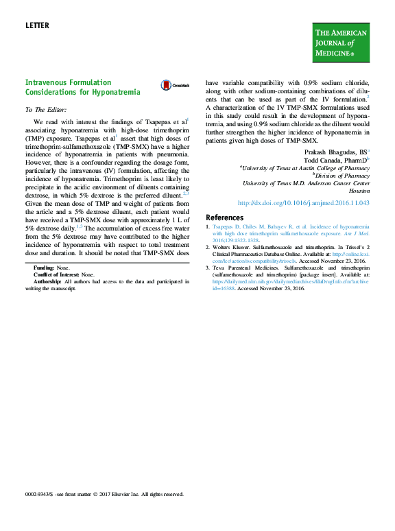 (PDF) Intravenous Formulation Considerations for Hyponatremia