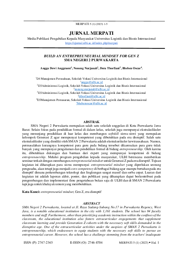 (PDF) Build An Entrepreuneurial Mindset For Gen Z SMA Negeri 2 Purwakarta