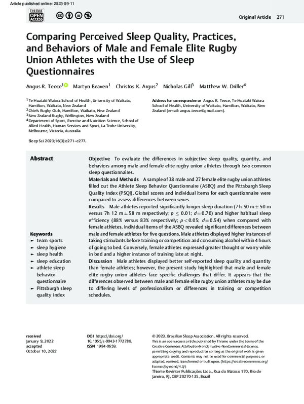 (PDF) Comparing Perceived Sleep Quality, Practices, and Behaviors of Male and Female Elite Rugby ...