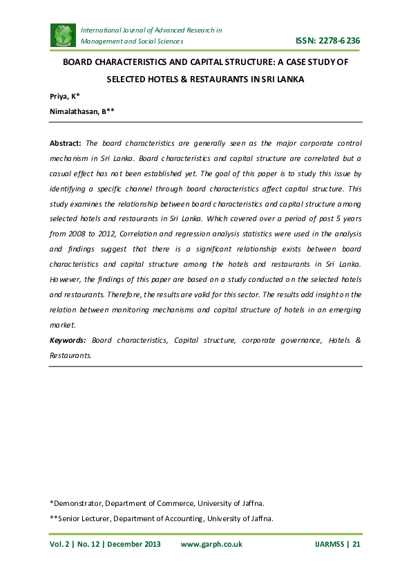 (PDF) Board Characteristics and Capital Structure: A Case Study of Selected Hotels & Restaurants ...
